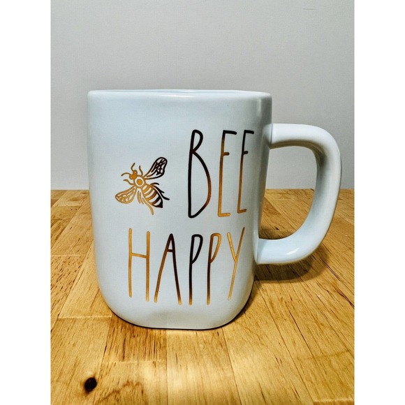 Rae Dunn | Dining | Rae Dunn Bee Happy Coffee Mug Gold Letters Blue ...